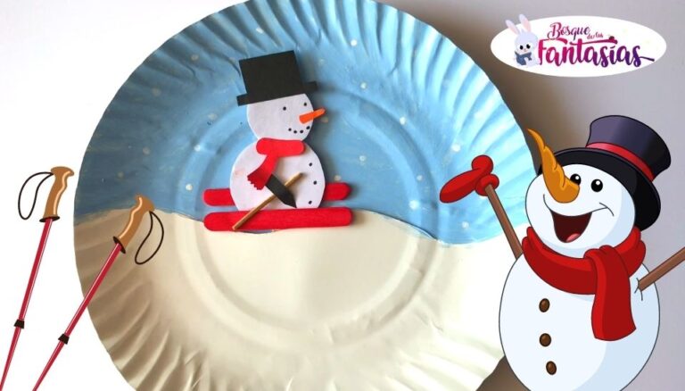 Manualidad de muñeco de nieve en trineo con plato de cartón