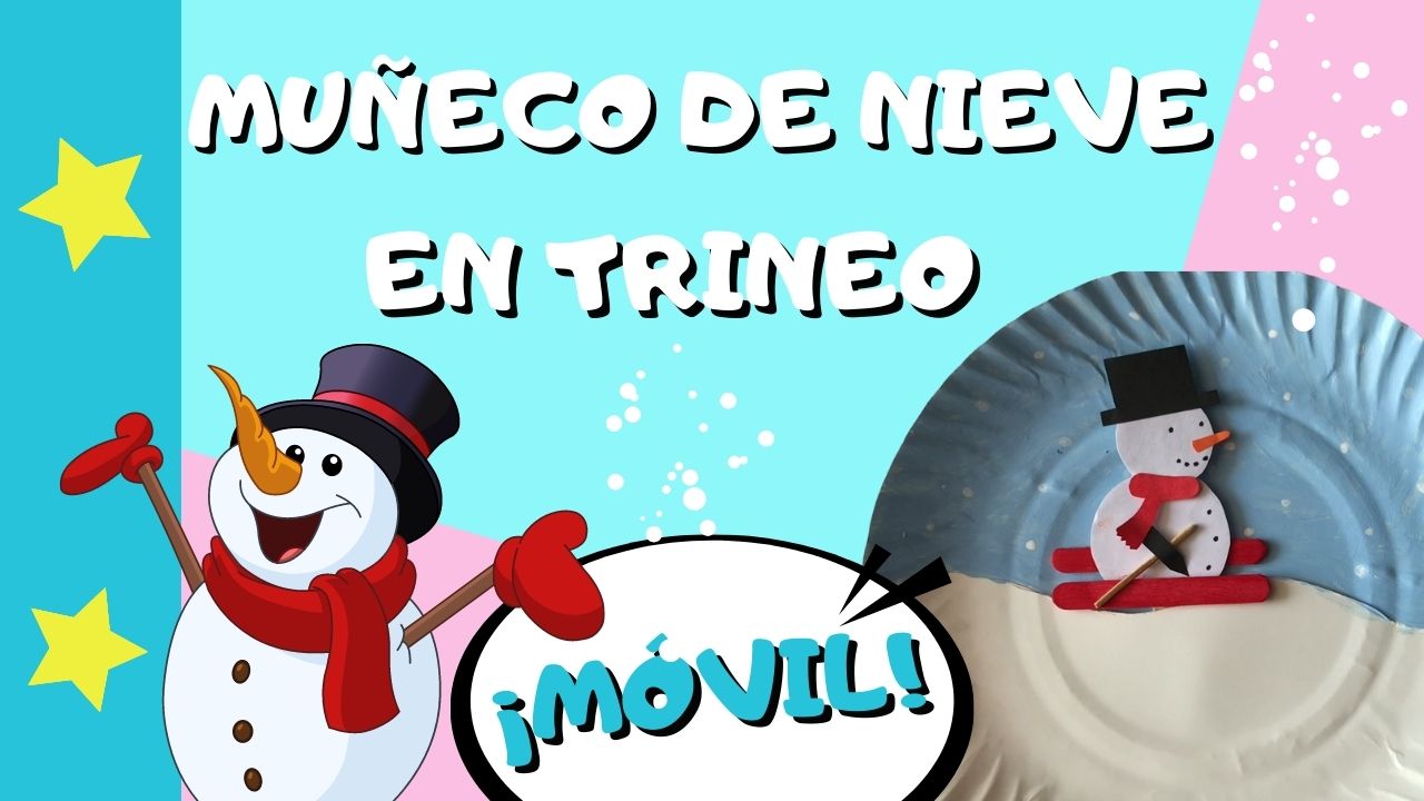 Manualidad de muñeco de nieve en trineo con plato de cartón
