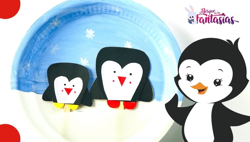 Manualidad de pingüinos en la nieve con plato de cartón